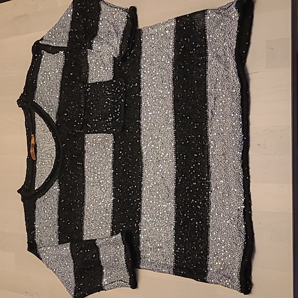 Belldini | Tops | Belldini Grey Black And Silver Striped Glittery Sheer ...